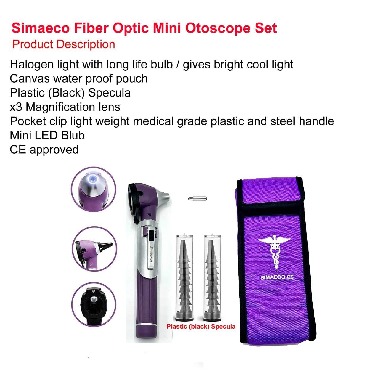 Simaeco LED Pocket Size Otoscope with Light – Versatile Ear Scope Otoscope, Ideal for Adults and Pediatrics, Includes 20 Disposable Specula Tips (Purple)
