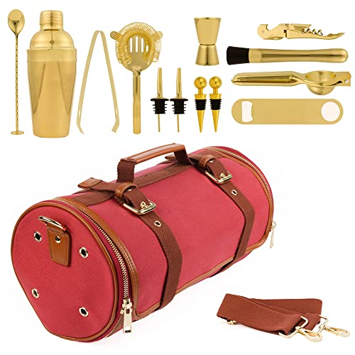 Pistivo Bartender Travel Bag - Portable Bar Case for Cocktail Creation, Barware Roll Bag Tool Set w/ Vegan Shoulder Strap, Storage Case Accessories, Perfect for Mixing Drinks, Burgundy