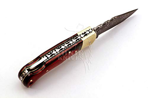 Skokie Knives Custom Hand Made Damascus Steel Hunting Folding Knife Handle Pakka Wood