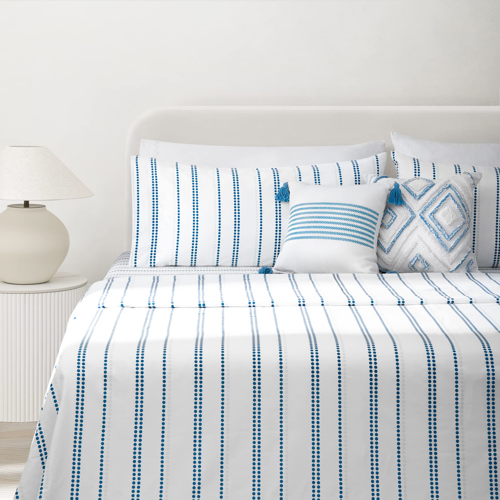 LA JOLIE MUSE Queen Sheet Set, 100% Combed Cotton Sheets, Extra Soft, Breathable Sheets for Queen Size Bed with 15" Deep Pocket, 4 Pcs Hotel Luxury Brushed Pleated Bed Sheets (Queen, White)