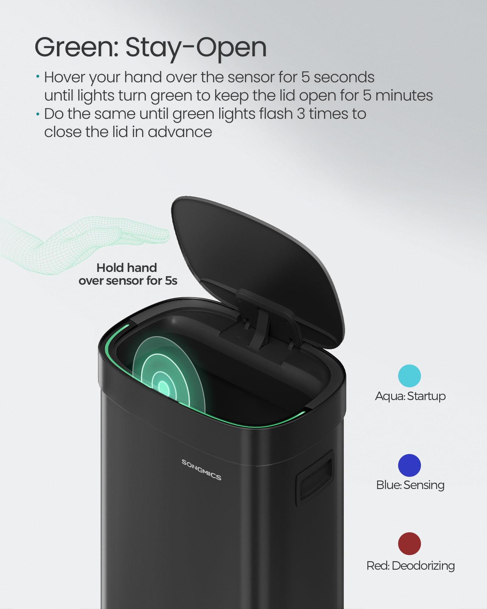 SONGMICS Kitchen Trash Can, 17.2-Gallon (65 L) Motion Sensor Garbage Can, Stainless Steel Trash Bin, Ozone Odor Control, Stay-Open, Ink Black ULTB660B01