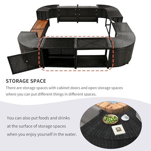 WOODRK Quadrilateral Outdoor Rattan Sectional Sofa Set with Mini Couch, Patio Conversation Sets with Wooden Seats and Storage Spaces, Spa Surround Frame for Gardern, Poolside, Gray