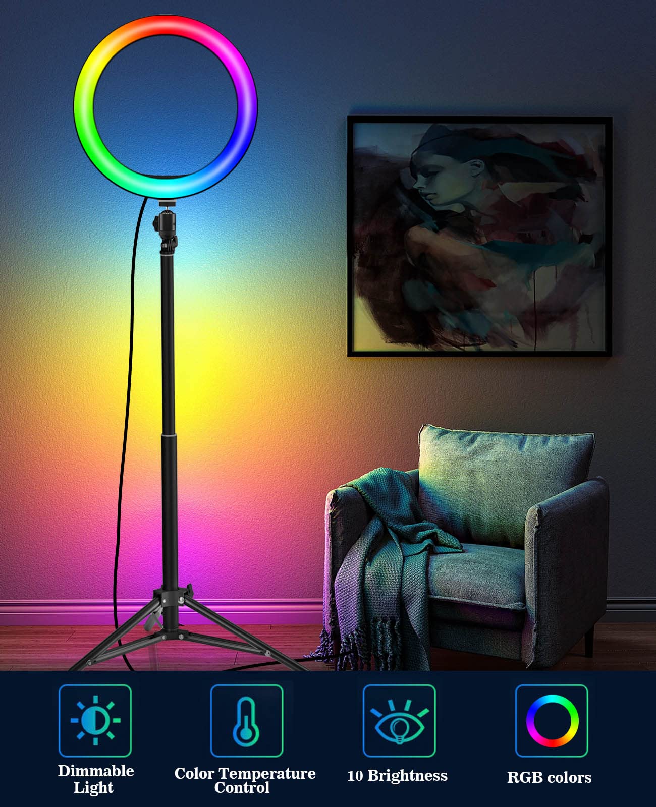 Selfie Ring Light with Stand and Phone Holder, RGB 10'' Ringlight for Photography/YouTube/Video Recording/Vlogs/Makeup/Live Stream/TikTok