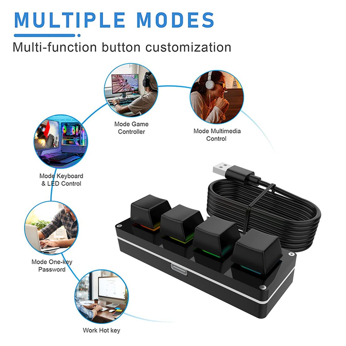 Programmable Keyboard RGB Macro Custom Gaming Keyboard Knob 3 Key + 1 Knob / 4 Keys Programmable Hotswap One-Handed Mechanical Keypad for PS Drawing (White 4 Keys)