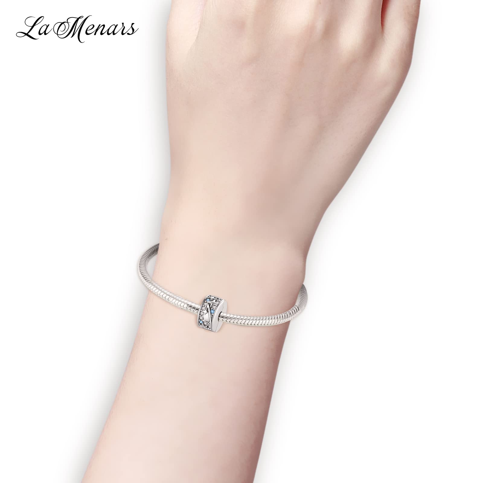La Menars Shining Elegance Path Clip Cubic Zirconia Charm in Sterling Silver for Women Girls Bracelets Birthday Gift