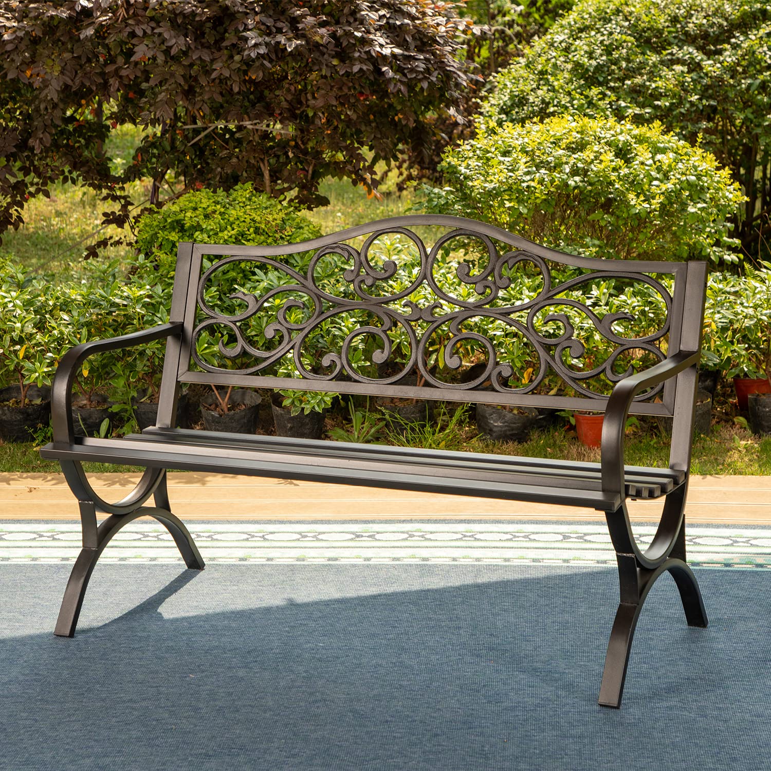 PHI VILLA 50-Inch Cast Iron Steel Frame Garden Bench Outdoor Patio Bench Chair w/Floral Design Backrest, Slatted Seat for Park, Yard & Porch, Black