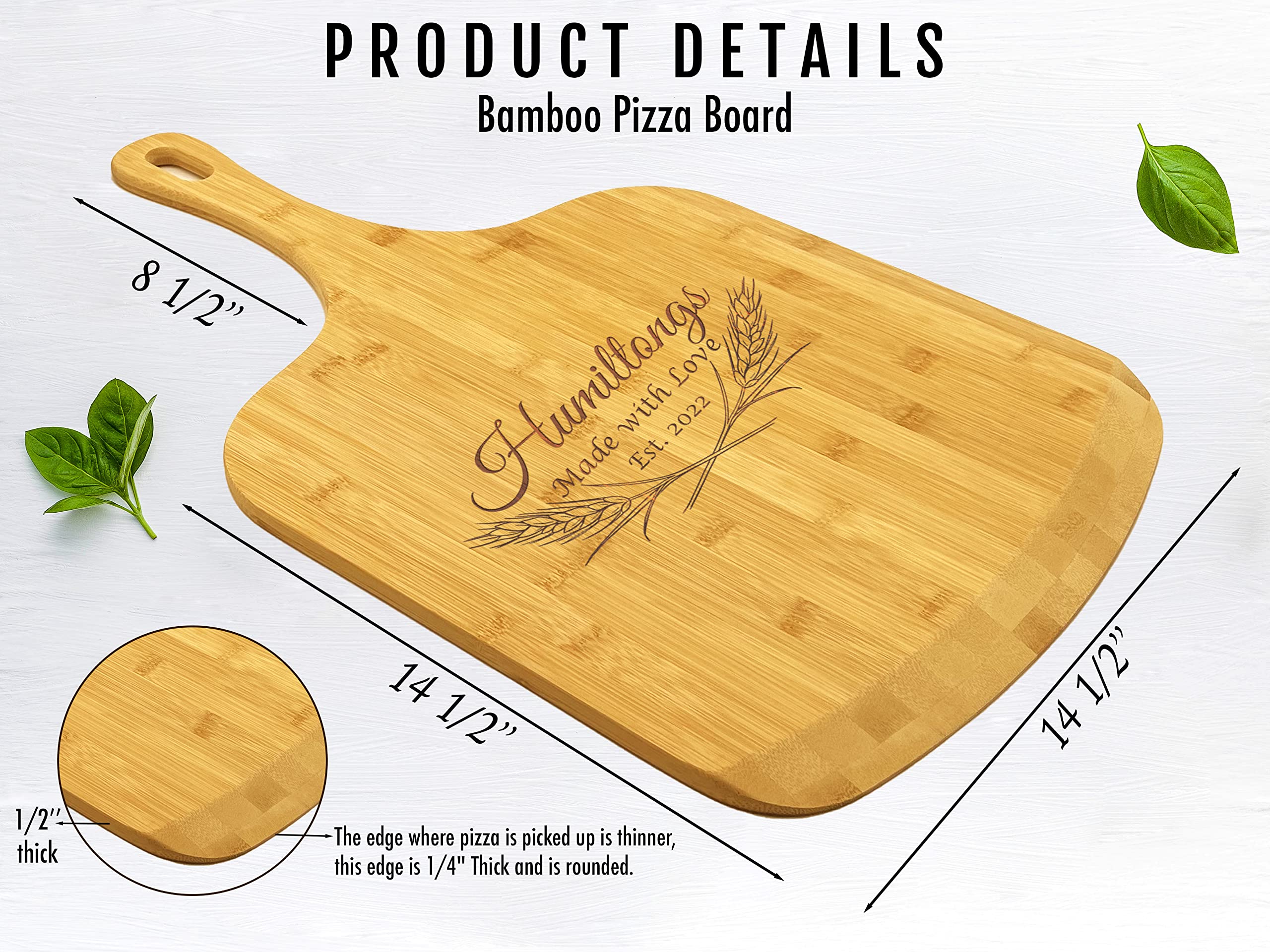 Personalized Bamboo Pizza Board with Handle Customized Wood Serving Cutting Pizza Board with Engraved Custom Name Monogram โ Wedding, Anniversary, Housewarming, Birthday, Mom, Dad Gift