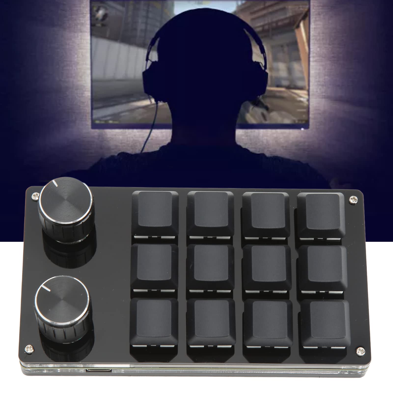 Programmable Macro Keyboard, Black DIY Mini Keyboard 2 Knobs for Gaming