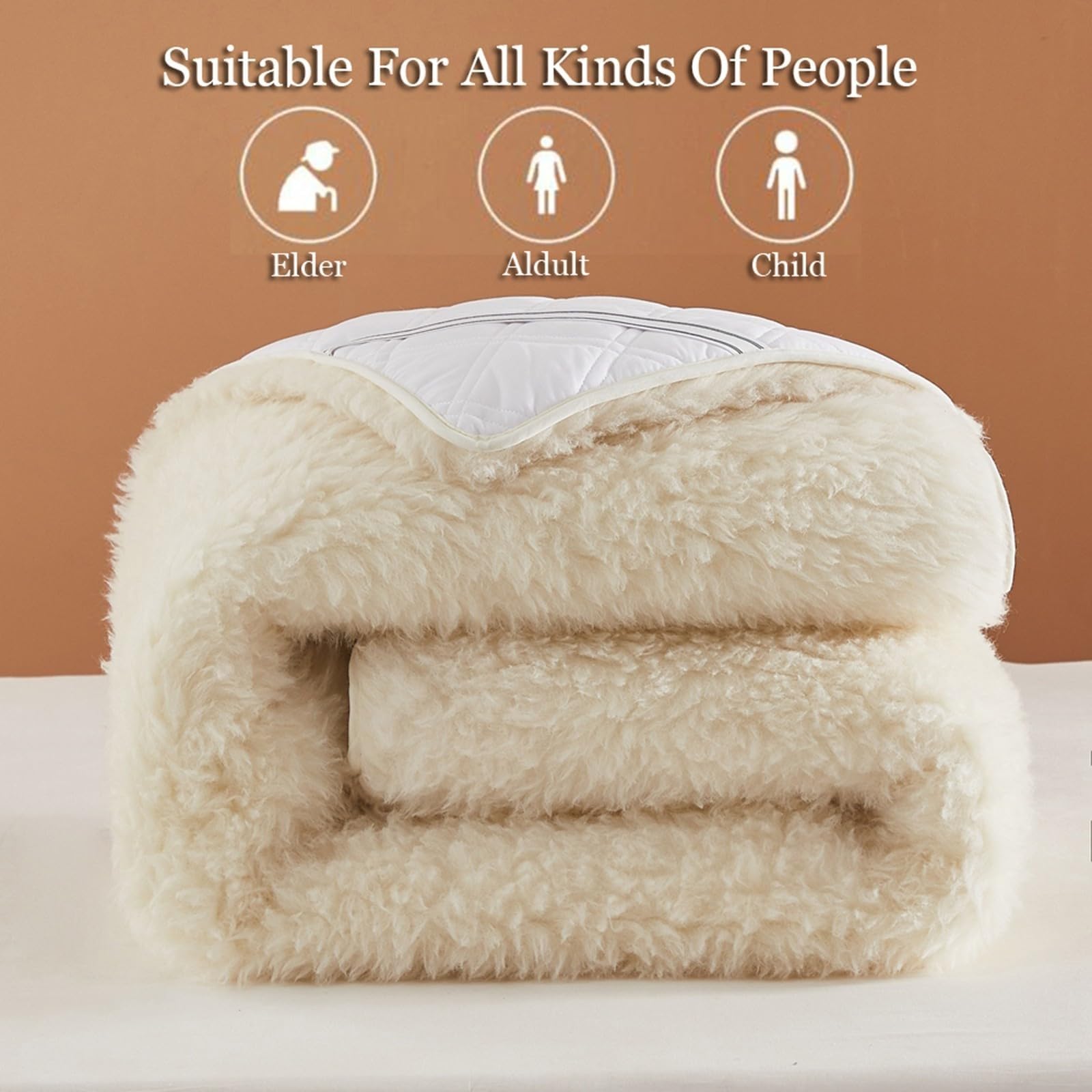 Wool Fleece Fitted Mattress Cover Pad with Straps - Breathable Lamb Folding Wool Mattress Protector Pure Wool Bed Topper Pure White Mattress(59 * 79")