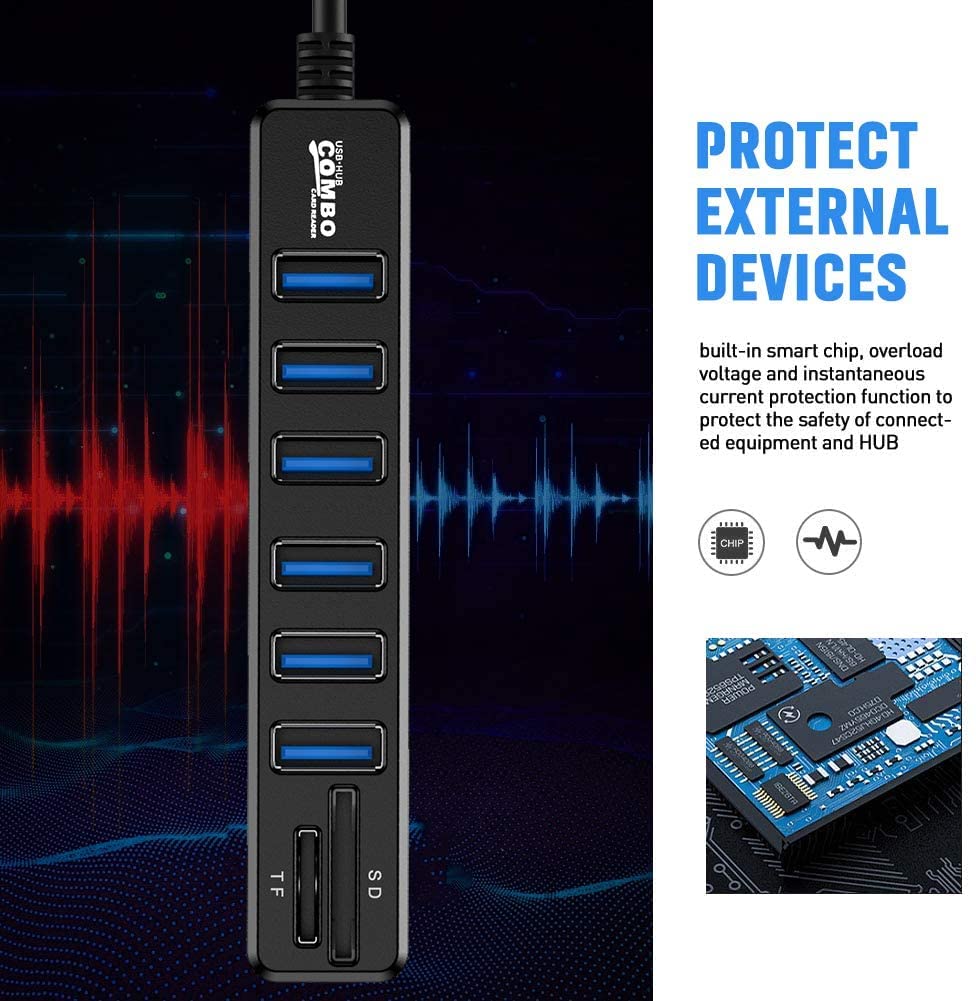 TEXSMNG USB Hub 2.0 1m Cable 8 in 1, USB Adapter to 6 USB 2.0 Extension, SD TF Compatible with Laptop and Other Type C Devices