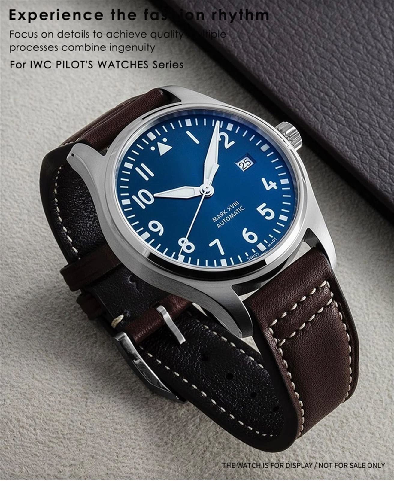 JWTPRO for IWC IW3777 IW3270 Mark 18 Big Pilotās Watch Strap Soft Cowhide Bracelets 20mm 21mm 22mm Leather Watch Band (Color : Black Rivet Silver, Size : 20mm)