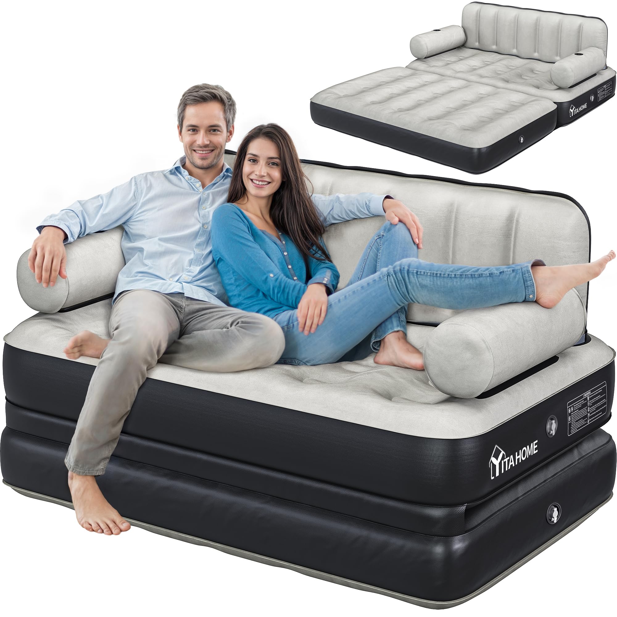 YITAHOME 18'' Flocked Top Queen Air Mattress with External Pump and Headboard, Durable Inflatable Bed, Blow-Up Mattress for Indoor and Outdoor Use, Black