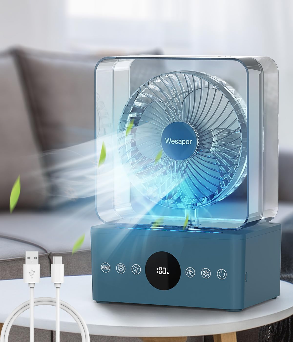 Portable Air Conditioner Cooling Fan with 3600mah battery, Quiet with 3 Speeds, 1000ml Evaporative Personal Air Cooler Fan with Mist, 8H Timer, 4 LED mode, Small Air Conditioner for Bedroom Office