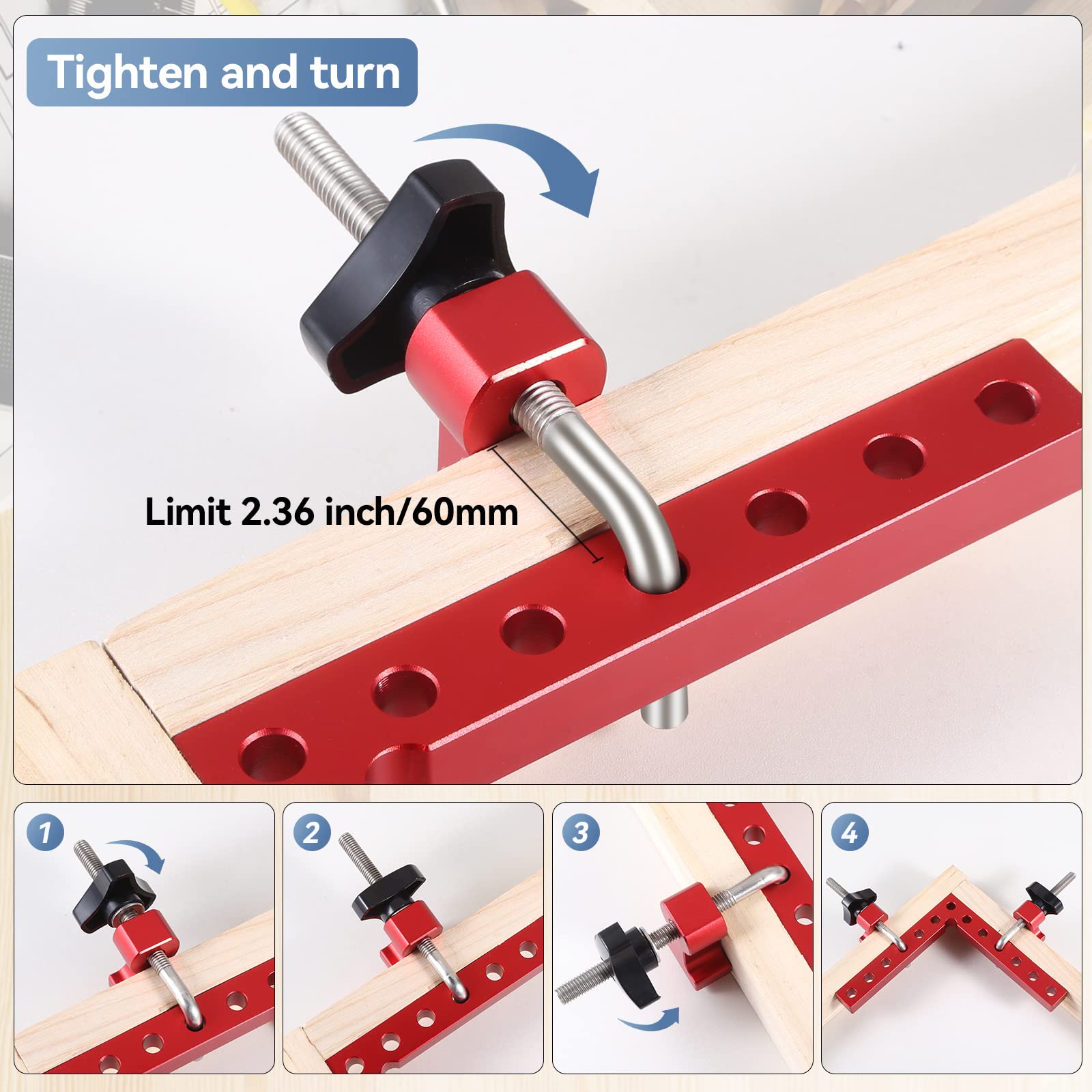 Mikego 90 Degree Clamp, Corner Clamp, Right Angle for Woodworking, 4 Pack 5.5"x 5.5" Aluminum Alloy Woodworking Corner Clamps, for Picture Frame, Cabinet, Drawers with 4 Clamps & Gaskets and Gloves