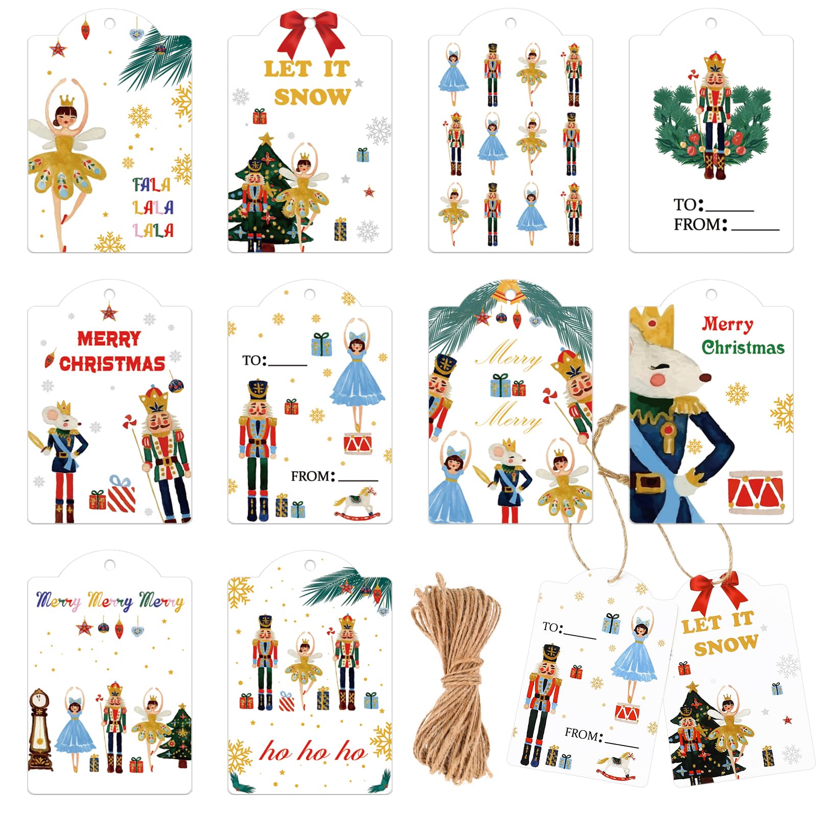 Yeaqee 120 Pcs Nutcracker Christmas Gift Tags with String Holiday Paper Name Tags Nutcracker Favor Tags Hanging Tag Labels for DIY Xmas Present Wrapping Party Decorations(White)