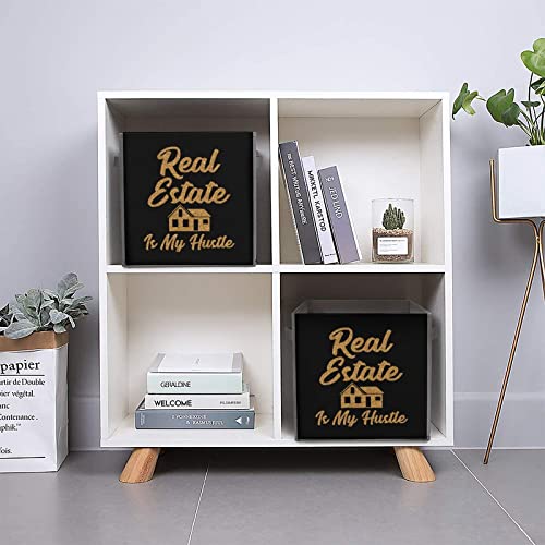 Real Estate is My Hustle PU Leather Collapsible Storage Bins Canvas Cube Organizer Basket with Handles