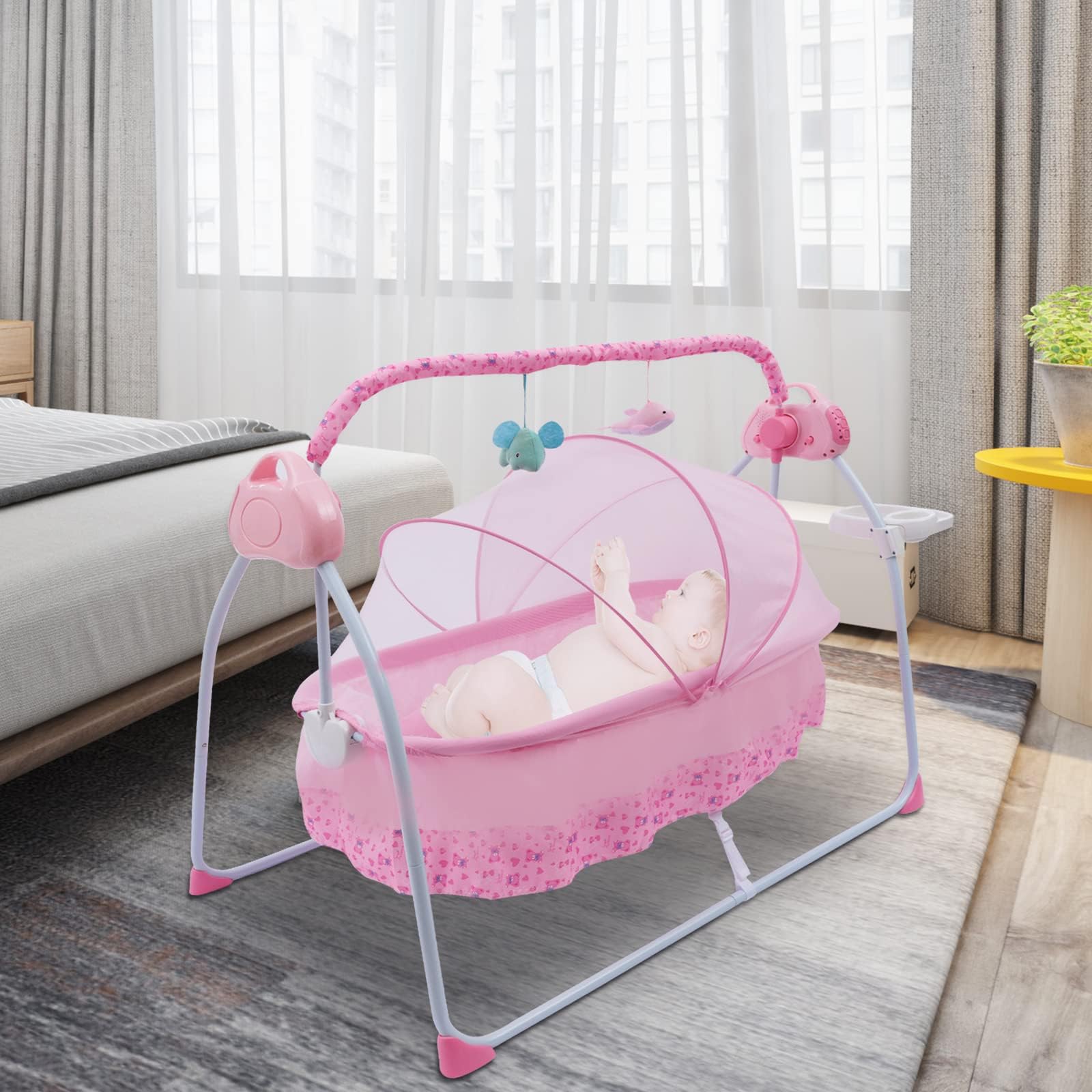 TFCFL Electric Baby Crib Cradle, 0-18 MonthsInfant Bed Auto Swing with Remote Control & Music, 25KG/55LBS Capacity, Foldable Baby Bassinet, Pink