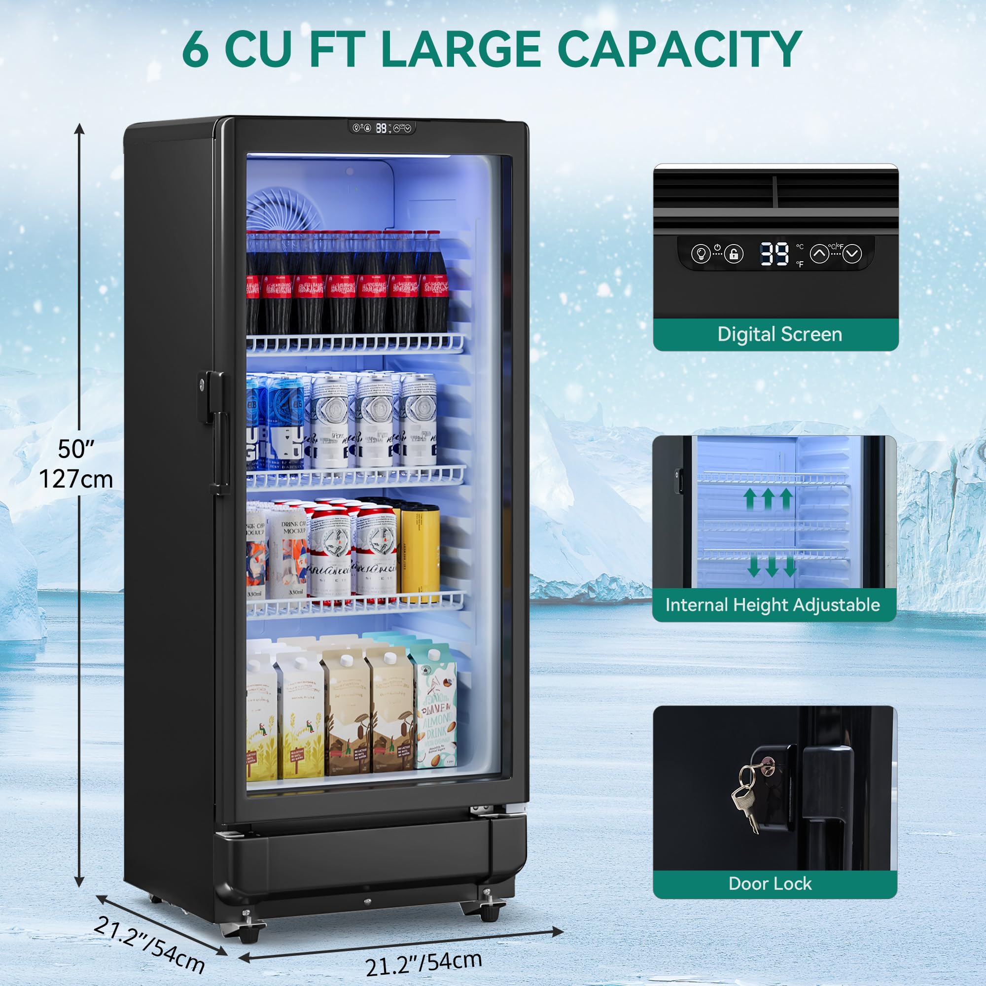 YITAHOME 6 CU.FT. Commercial Beverage Display Refrigerator with Single One Glass Door, Drink Beer Fridge Cooler for Office Garage Bar Gym with Locking, Led & 2 Keys