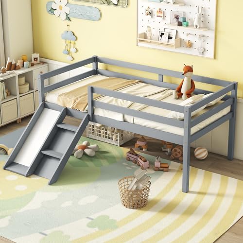 Twin Loft Bed with Slide, Twin Kids Loft Bed with Slide & Ladder, Wood Low Loft Bed Frame with Safety Guardrails, Sturdy Slat Support, Twin Kid Bed Low Loft Bed for Kid, Boys Girls, Grey
