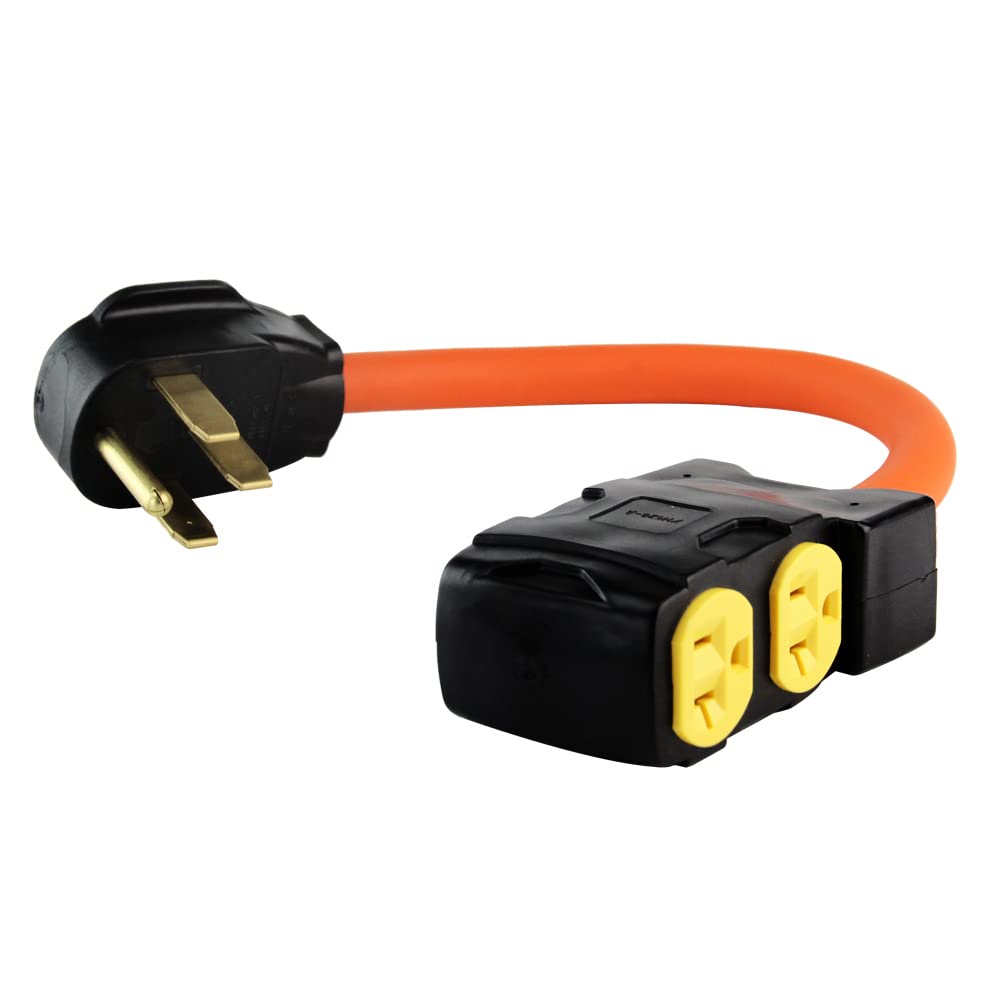 PLIS Nema 14-50P to 5-20R Generator Cord with Surge Protector Breaker,4 Prong Heavy Duty Generator Cord, 10AWG*4C Flexible Cable,Power Extension Cord,50Amp,Orange,1.5FT