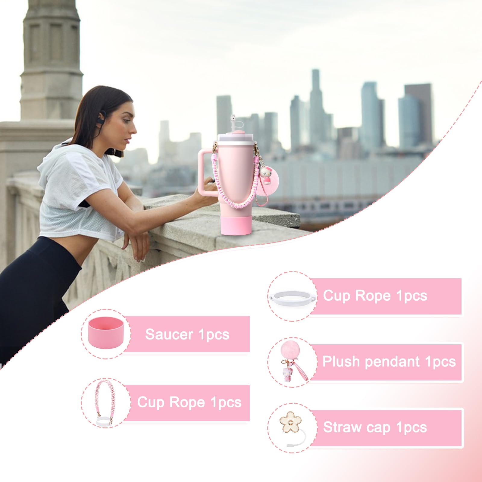 Stanley Cup Accessories Set, Cartoon Cute Kawaii Pom Pom Design Water Bottle Handle Strap, Silicone Stanley Cup Boot, Stanley Charms for Stanley Cup 30/40oz Tumble (Blue)