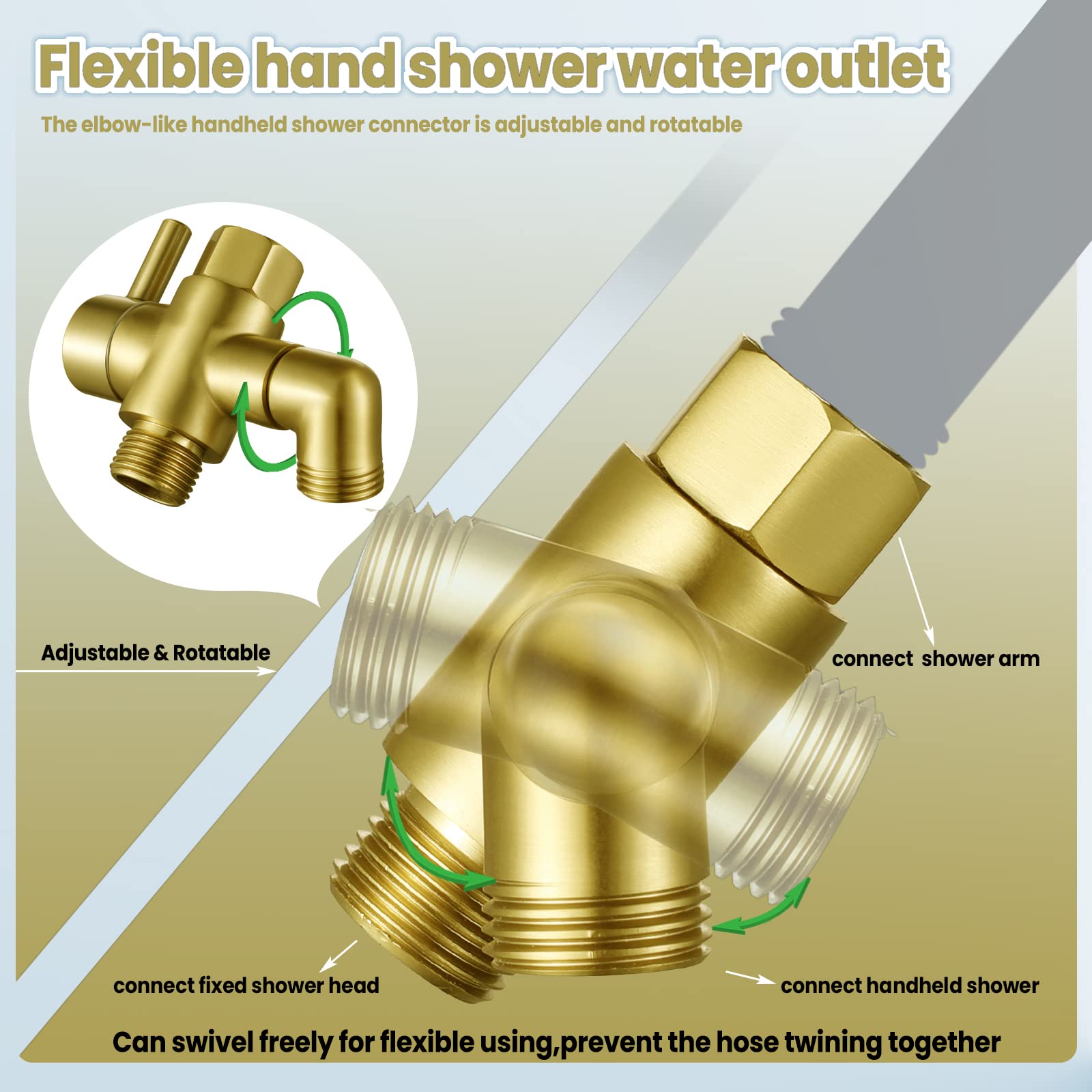 YDmeet Shower Head Holder for Handheld Shower Wand and Shower Diverter Valve with Elbow Outlet Desgin, All Metal Brass, Brushed Gold