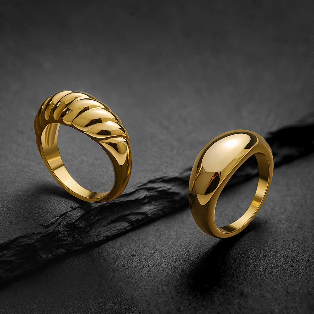 JINEAR 18k Gold Plated Croissant Braided Twisted Signet Chunky Dome Ring Stacking Star Band for Women and Men Statement Wedding Ring Minimalist Jewelry(Croissant ring,10)
