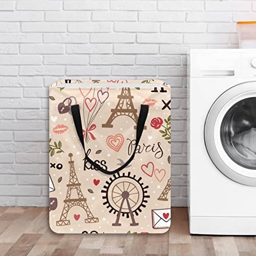Romantic Pari Elffel Tower Print Collapsible Laundry Hamper, 60L Waterproof Laundry Baskets Washing Bin Clothes Toys Storage for Dorm Bathroom Bedroom