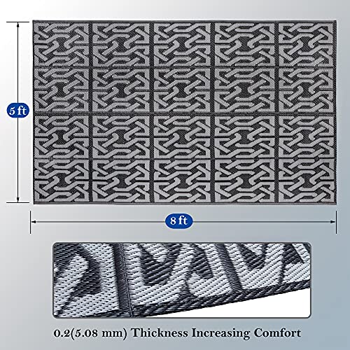 SAND MINE Reversible Mats, Plastic Straw Rug, Modern Area Rug, Large Floor Mat and Rug for Outdoors, RV, Patio, Backyard, Deck, Picnic, Beach, Trailer, Camping (5' x 8', Black & Grey)