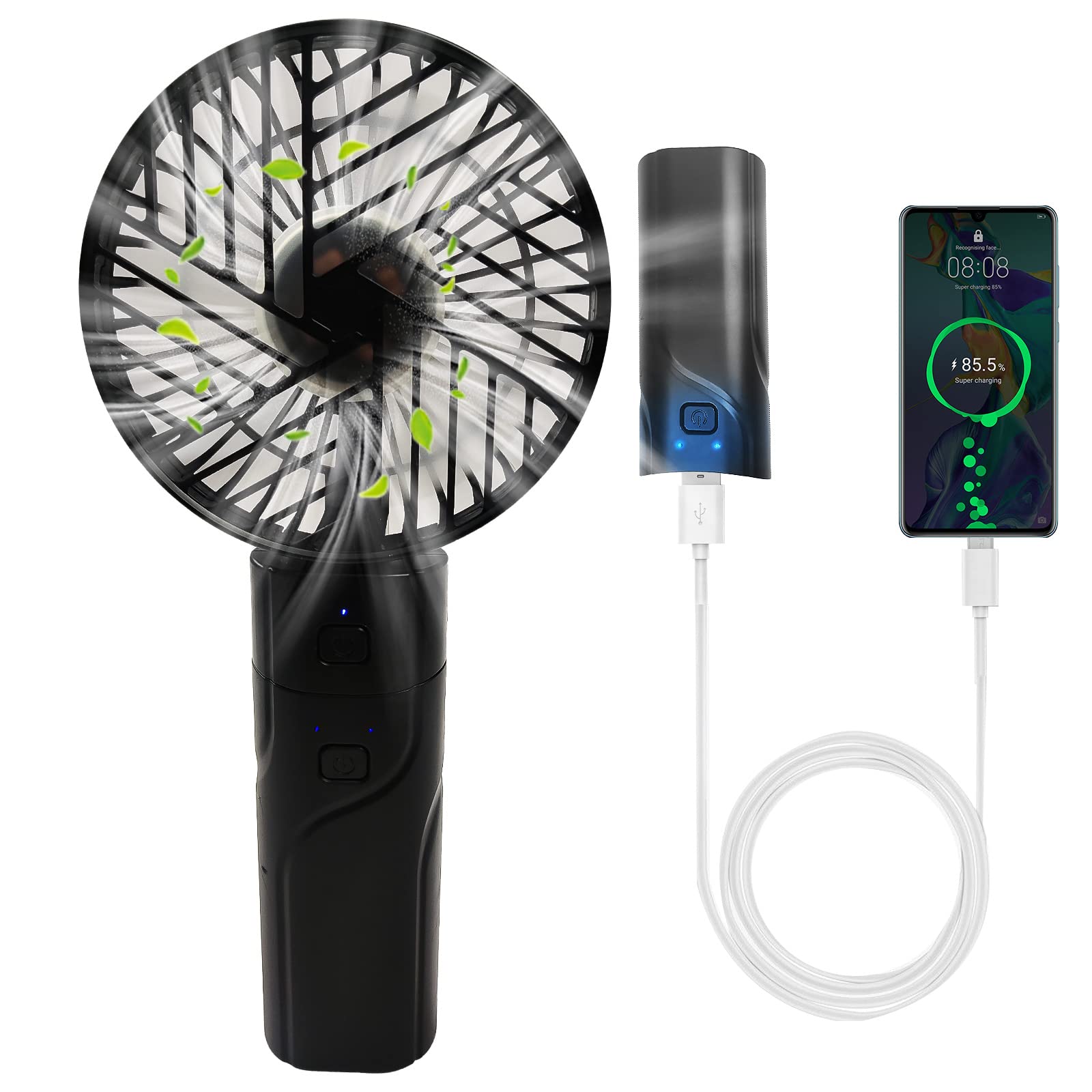 Portable Handheld Fan with Power Bank, Foldable Mini Desk Fan, USB Powered Fan, Battery Operated Fan for Camping, Travel, Outdoors and Indoors Black