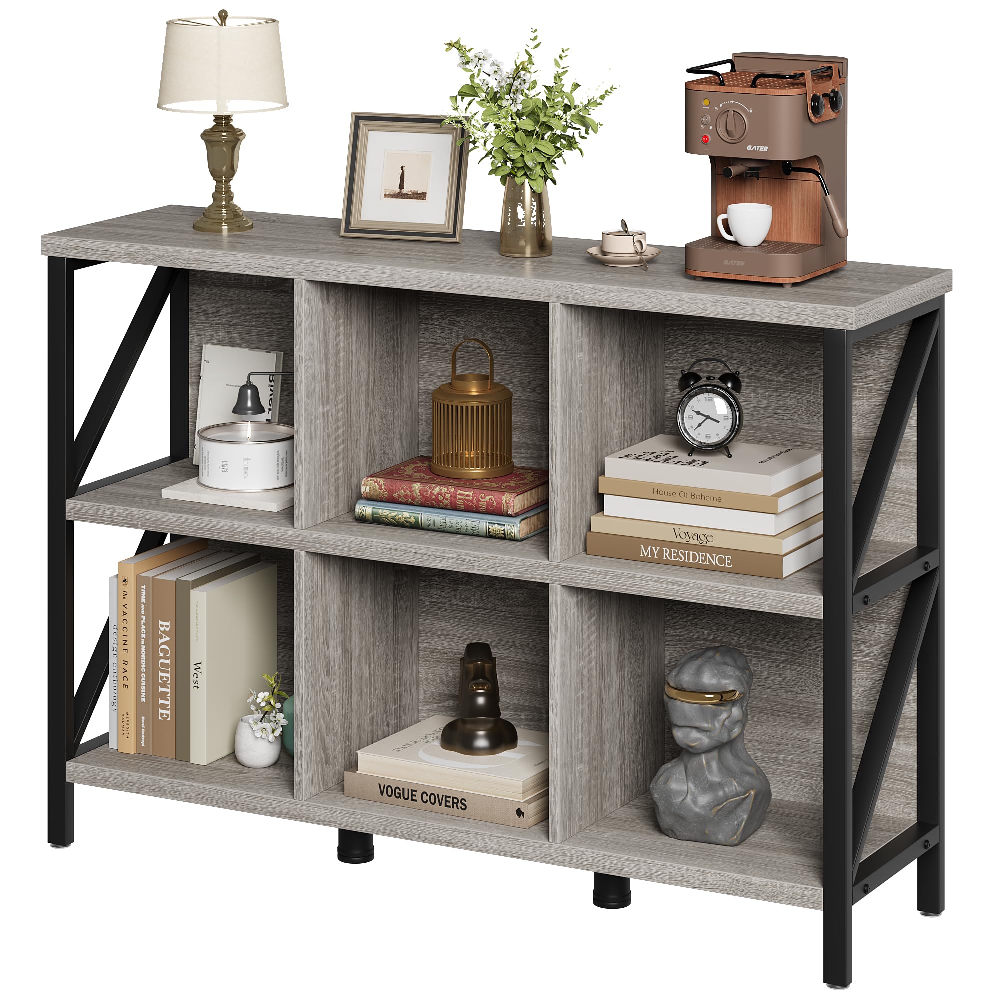 Wpond 6 Cube Storage Organizer, Industrial Horizontal Bookshelf with Metal Frame, Thick Wooden Low & Long Bookshelf for Living Room/Office/Bedroom - Rustic Brown
