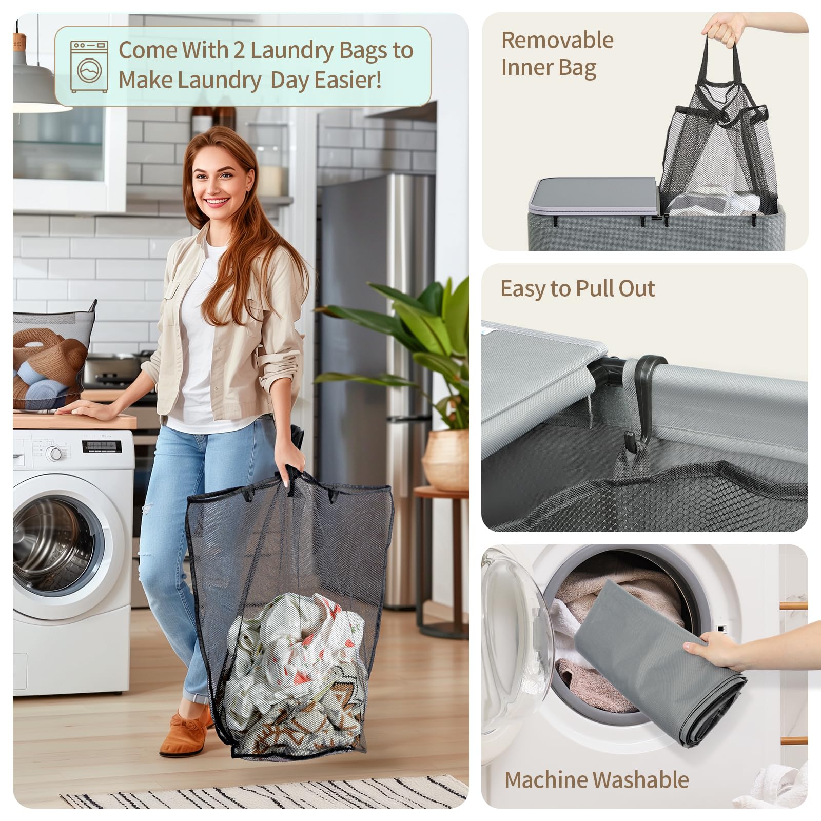 Yecaye 150L Laundry Hamper with Wheels, Rolling Laundry Basket with Lid and 2 Removable Laundry Bag, Large Capacity Clothes Hampers for Laundry, Bedroom, Bathroom, Dorm, Laundry Room, Grey