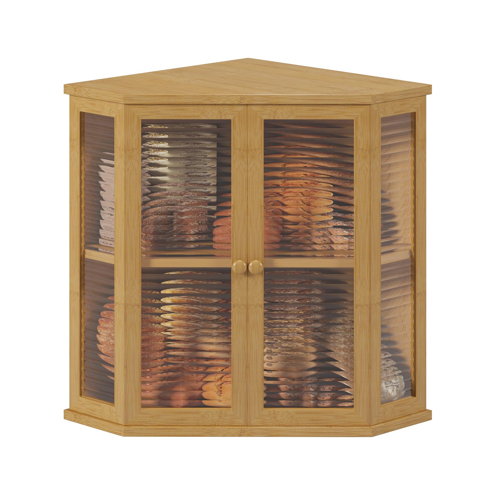 WouZglk Extra Large Corner Bread Box for Kitchen Countertop, 16.5 inch Bamboo Double Layer Bread Storage with Glass Wavy Door Panel, Eco-Friendly and Stylish Design