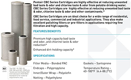 Pentair Pentek CBC-10 Carbon Water Filter, 10-Inch, Under Sink Carbon Block Replacement Cartridge with Bonded Powdered Activated Carbon (PAC) Filter, 10" x 2.5", 0.5 Micron