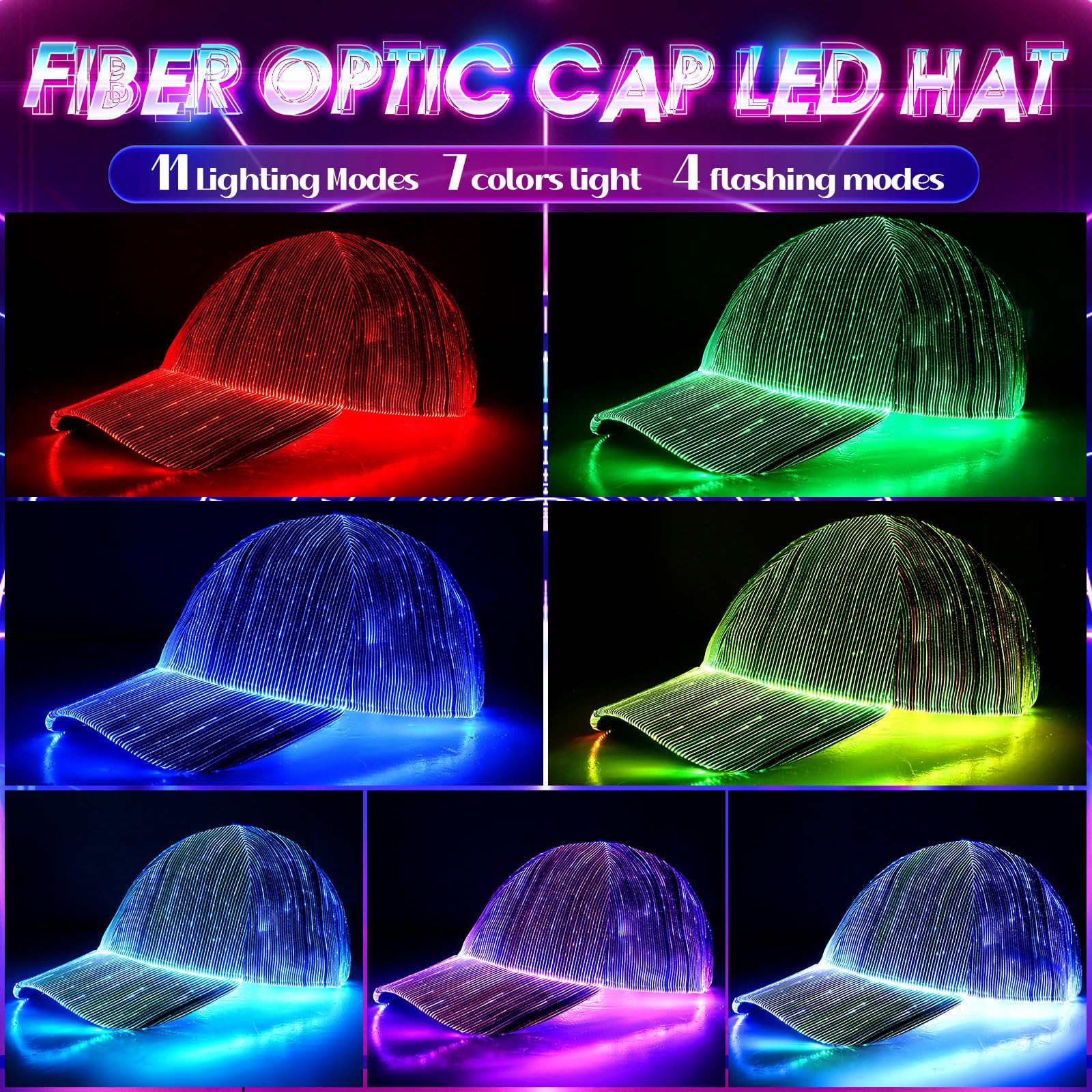 ramede 2 Pcs LED Hat Light up Baseball Cap 7 Colors Fiber Optic Luminous Cap USB Charging Hats for Men Women Flash Glow Hat for Party Club(White, Black)