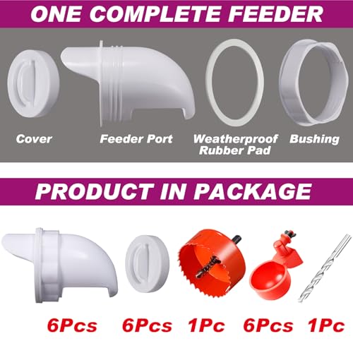 No Waste Chicken Feeder and Waterer,with Rat Stopper Caps,6 Ports 6 Chicken Water Cups and Hole Saw,DIY Poultry Feeder Port Gravity Automatic Fed Kit for Buckets,Barrels,Bins,Troughs
