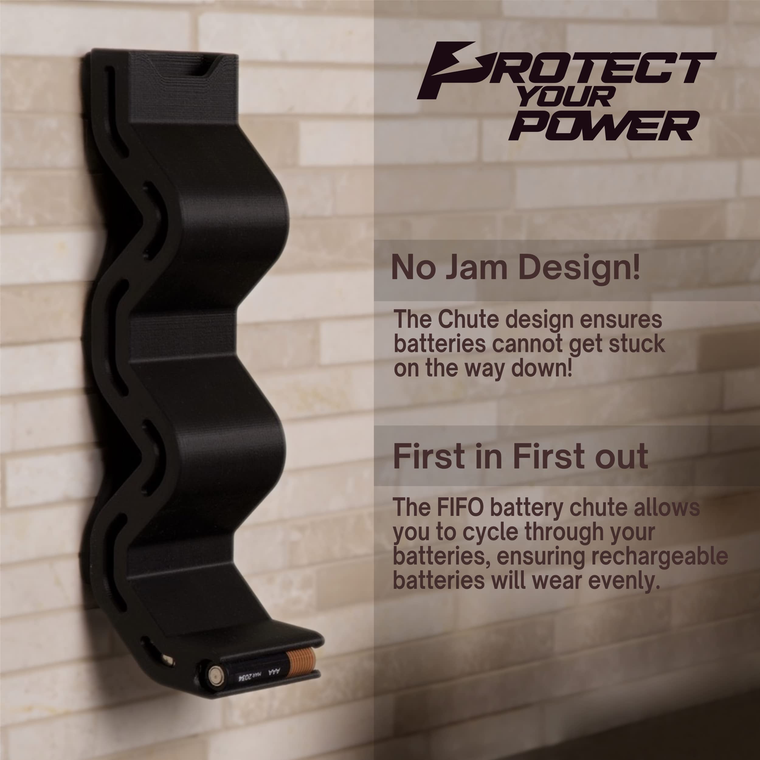 Protect Your Power - AAA Battery Chute, Wall Mount Battery Organizer/Battery Dispenser - Black