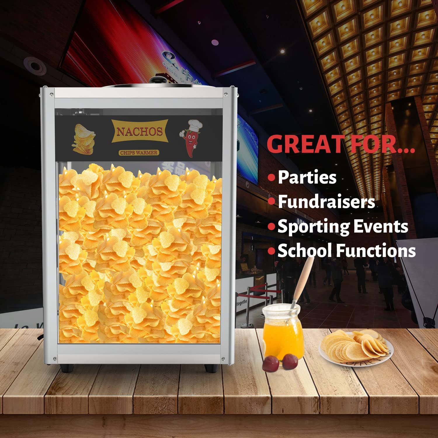 PYY Nacho Warmer Commercial Nacho Machine with Cheese Warmer Chip Warmer Nacho Station Display Stainless Steel Frames with 3 Styles Banner Stickers