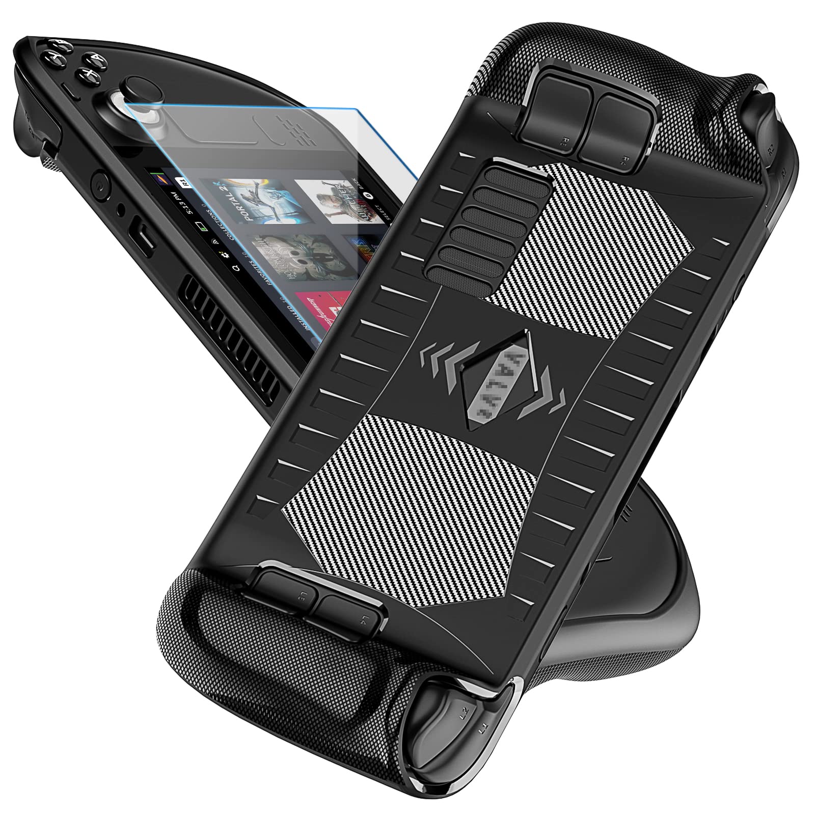 Protective Case for Steam Deck with Tempered Glass Screen Protector, Shockproof Non-Slip Anti-Collision Accessories Compatible with Steam Deck, Black