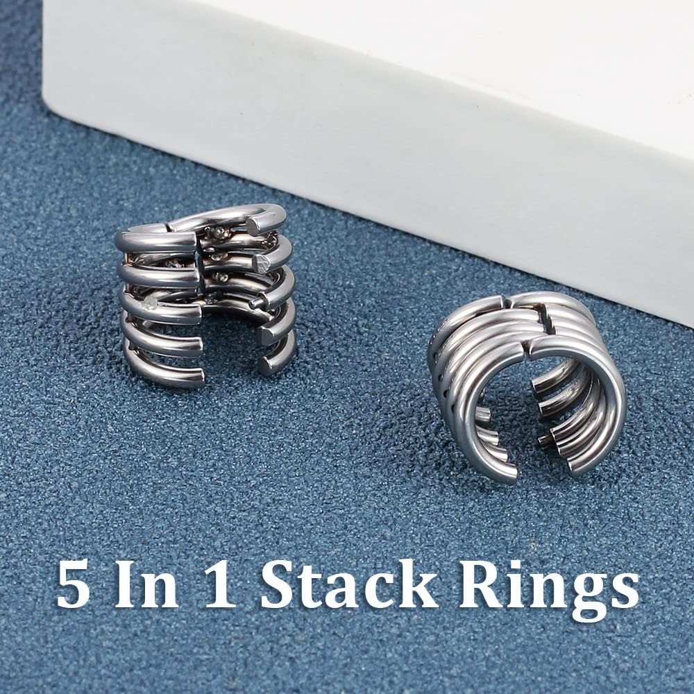 LADEMAYH 2 PCS Stack Rings Design Ear Cuff Plugs Tunnels Gauges, 5 in 1 Spring Rings Lightweight Stainless Steel Ear Hangers Body Piercing Jewelry Silver