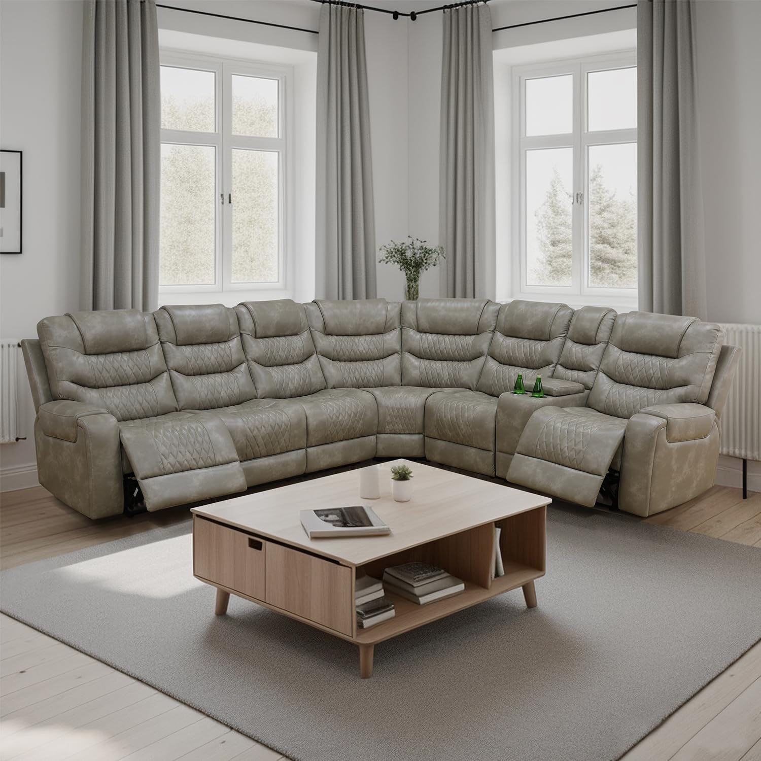 SIENWIEY Leather Power Reclining Sectional Sofa,Grey Luxurious Power Leather Recliner Sectional Couch 7 Seat for Reclining Living Room Furniture Sets