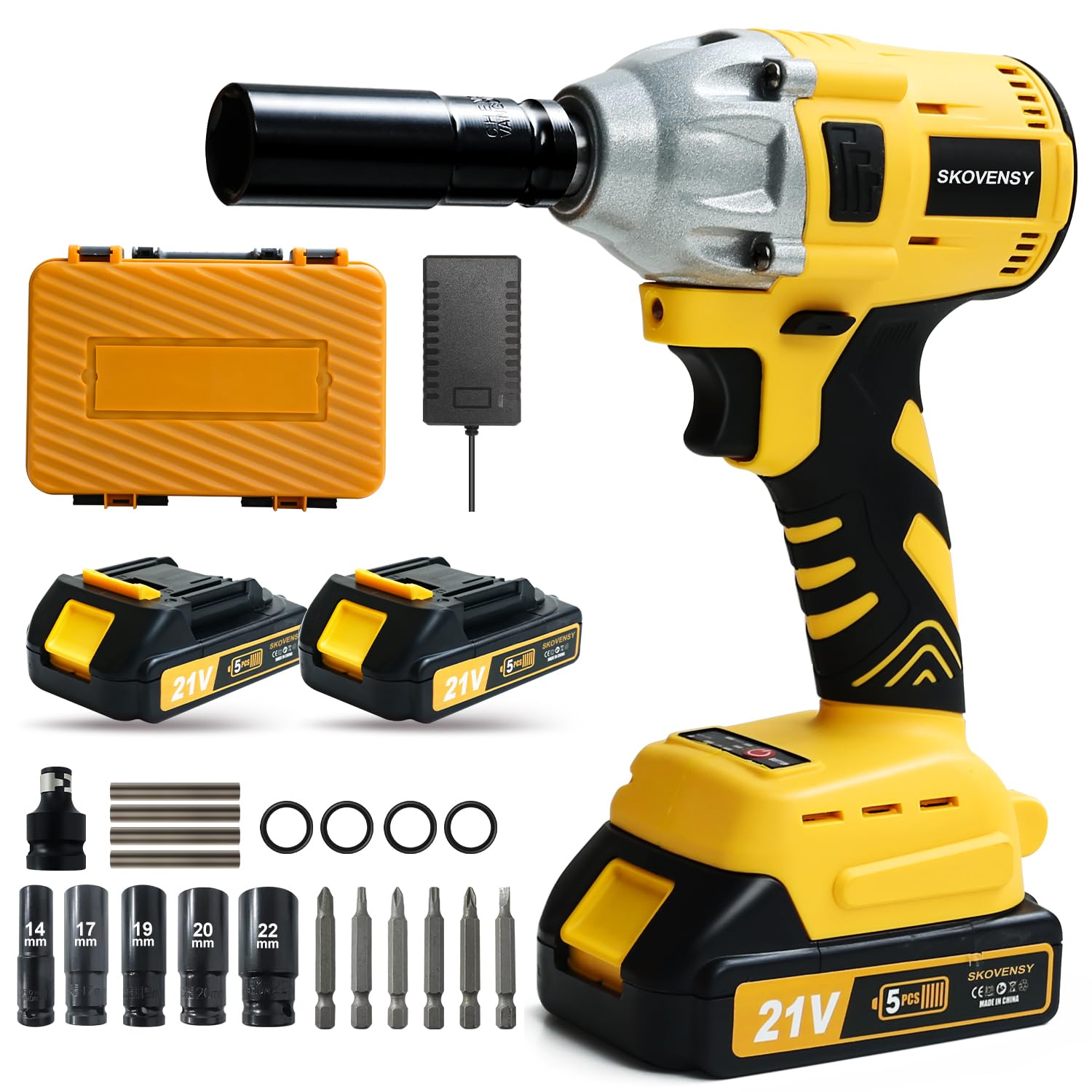 SKOVENSY Cordless Impact Wrench 258Ft-lb(350N.m), 1/2 Impact Gun, 2 Batteries, Pistola de Impacto, with 5 Sockets, Electric Impact Driver for Car Tires and Home YELLOW