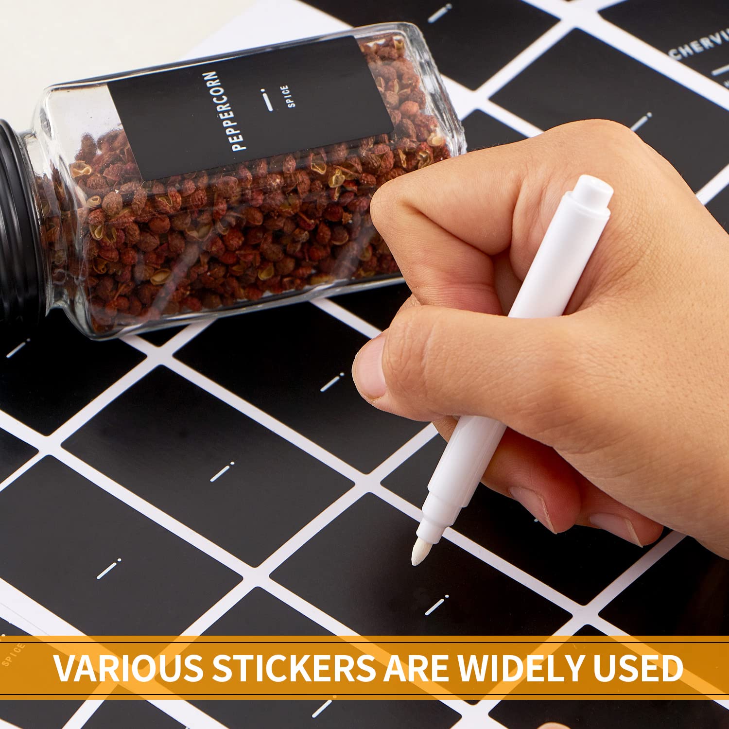 Skiileor 48 Pcs Spice Jars with Label- Glass Spice Jars with Black Metal Caps,Shaker Lids, Funnel, Chalk Pen, Brush,Cleaning Cloth 4oz Seasoning Containers Bottles for Spice Rack, Cabinet, Drawer