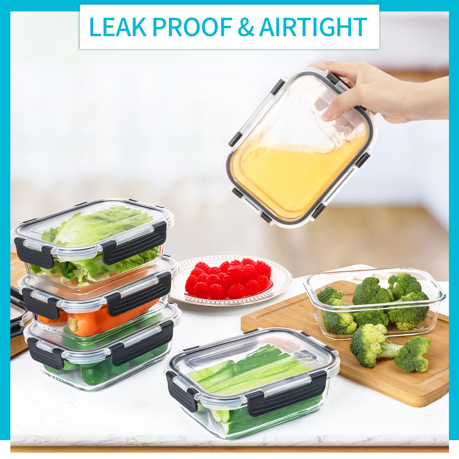 Skroam 10 Pack Glass Meal Prep Containers, Glass Airtight Food Storage Containers with Lids, Pantry Kitchen Storage Containers for Lunch, Food Storage, Meal Prep, Glass Lunch Bento Boxes - 22 OZ