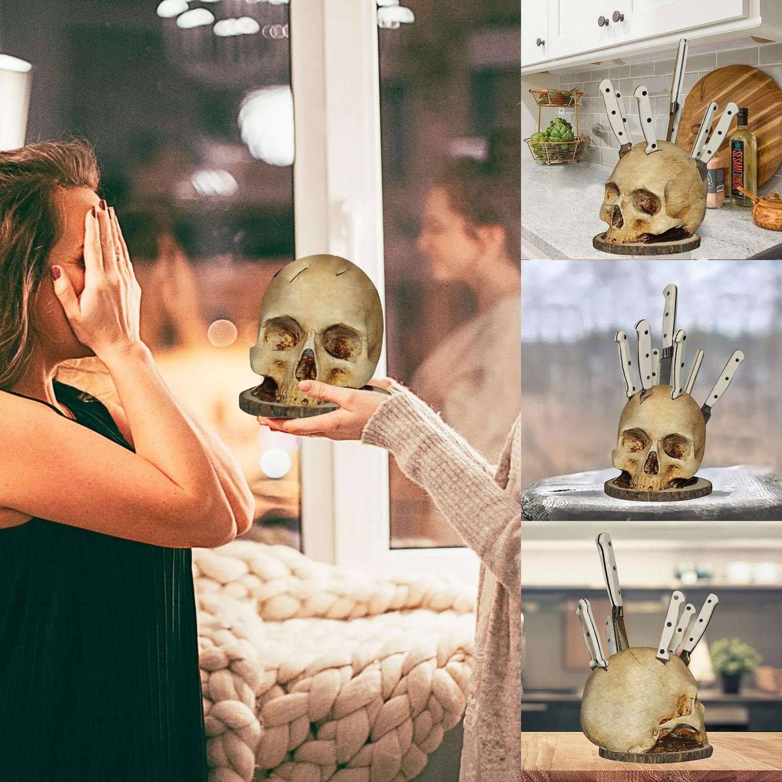Skull Knife Holder For Kitchen Storage, Handmade Resin Skull Knife Stand, Creepy Creativity Head Shape Knife Holder, Scary Party Fruit Knife Stand Rack Decor, Halloween Ornaments, Gifts (A_5.9'')