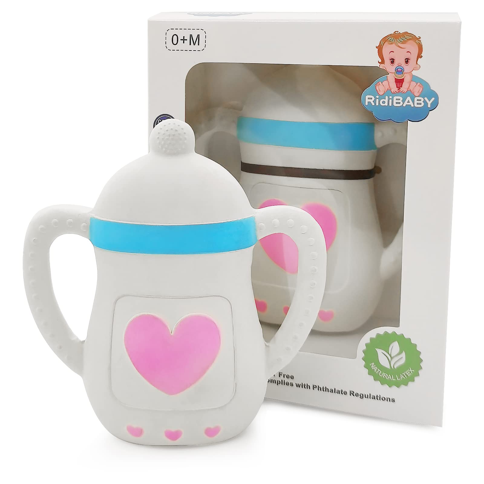 RidiBaby Baby Bottle Teether- Natural Latex Teething Toy for Babies 0-6 Months Soothing Relief- Safe Alternative to Pacifiers, Built-in Whistle with Easy to Hold Handles.