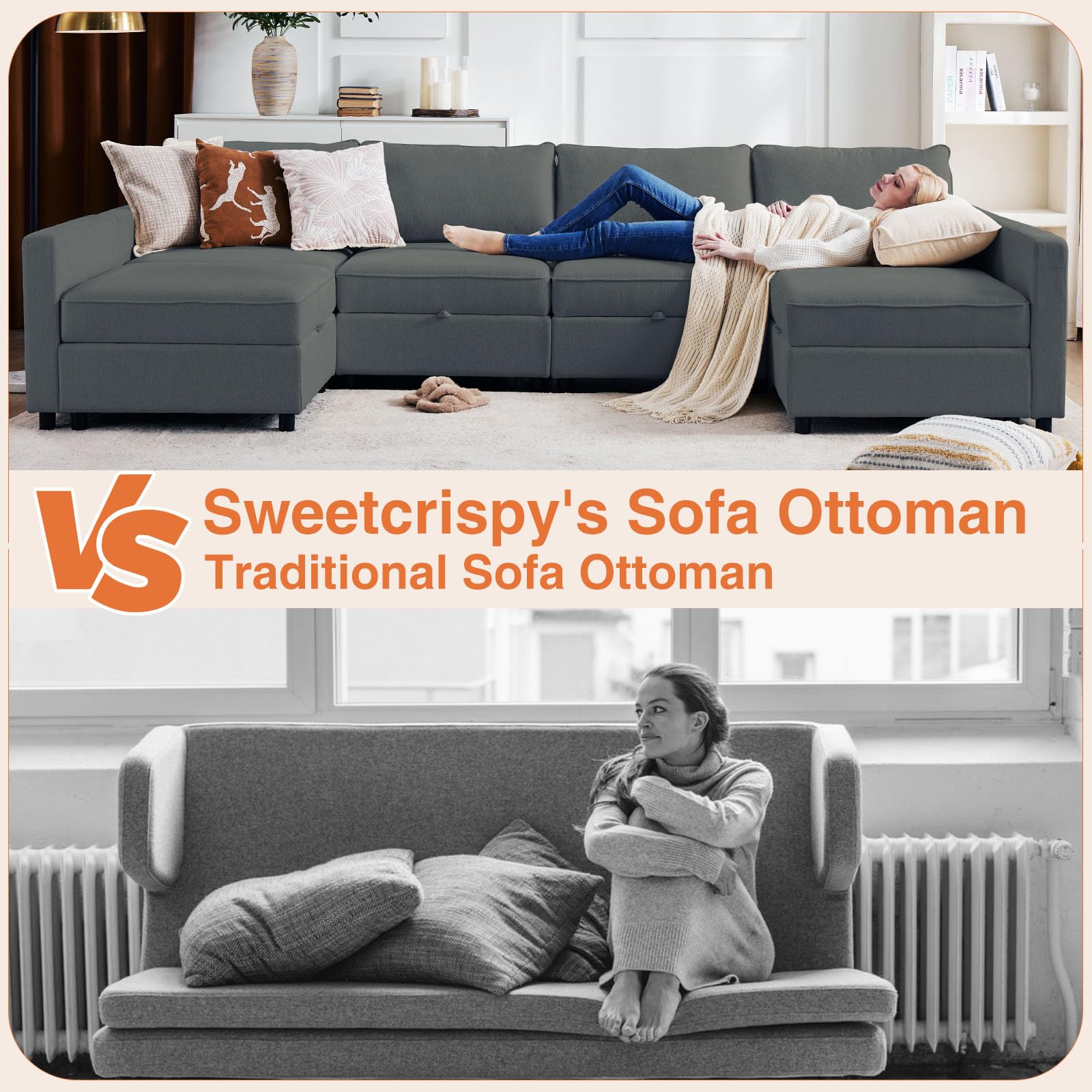 Sweetcrispy Convertible Modular Sectional Sofa, 8 Seat Sectional Couches for Living Room, U-Shaped Modern Fabric Modular Sofa Sleeper with Double Chaise for Home, Apartment, Grey