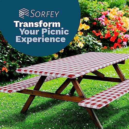 Picnic Table cover With Bench Covers -Fitted With Elastic, Vinyl With Flannel Back, Fits For Table 28"x 72" Rectangle,Water Proof, Checked Black Design, by SORFEY