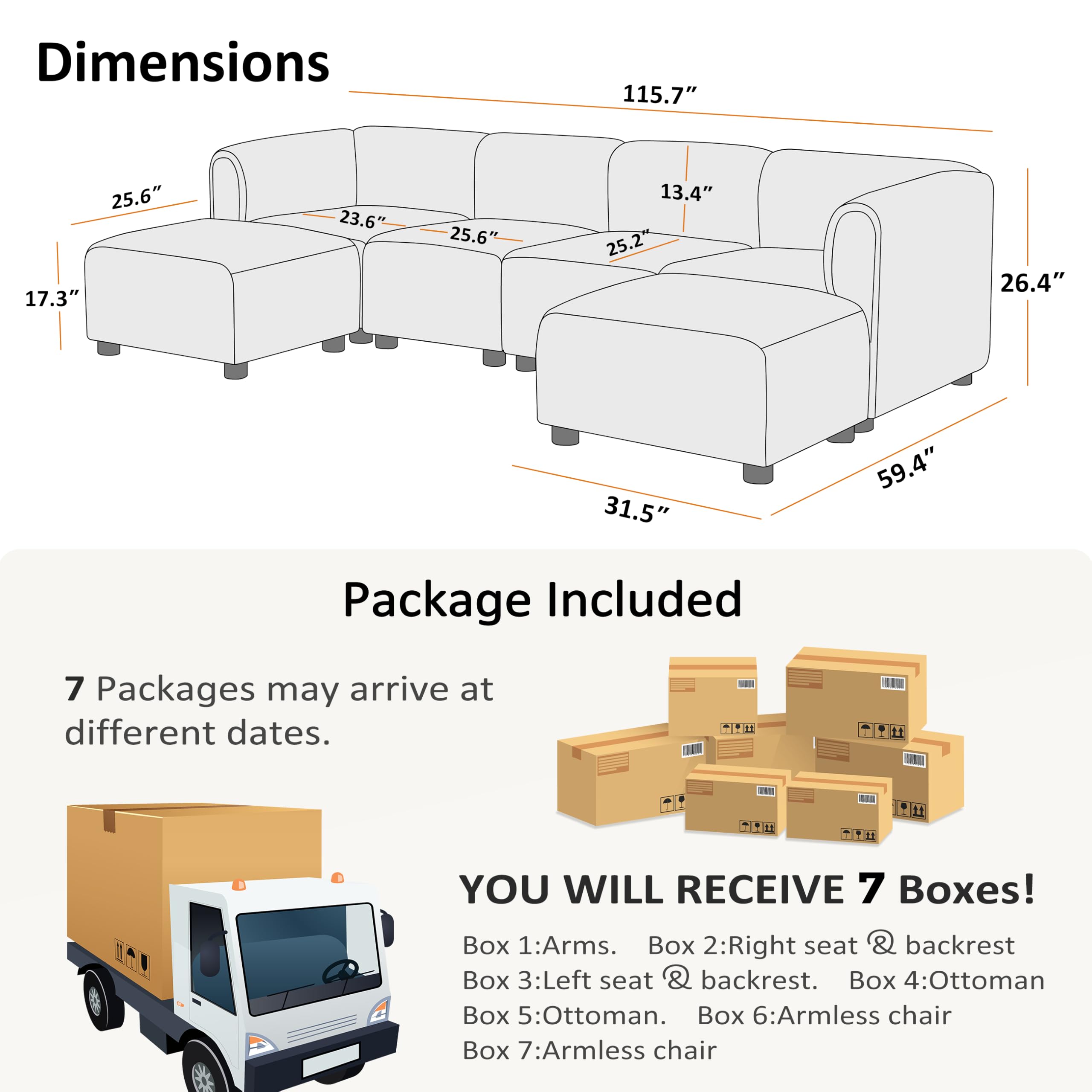 VANOMi Oversized Modular Sectional Sofa Set, U-Shaped Living Room Couch Reversible Chaise,115 Inches Wide, 6 Seats, Boucle Fabric