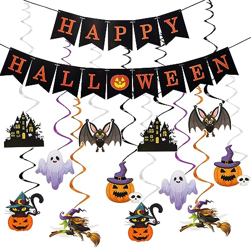 Lucleag 12Pcs Halloween Hanging Swirls Decorations & Halloween Banner, Pumpkin Bat Witch Ghost Hanging Decor Happy Halloween Banner for Ceiling Wall, Hanging Decoration for Halloween Party Supplies